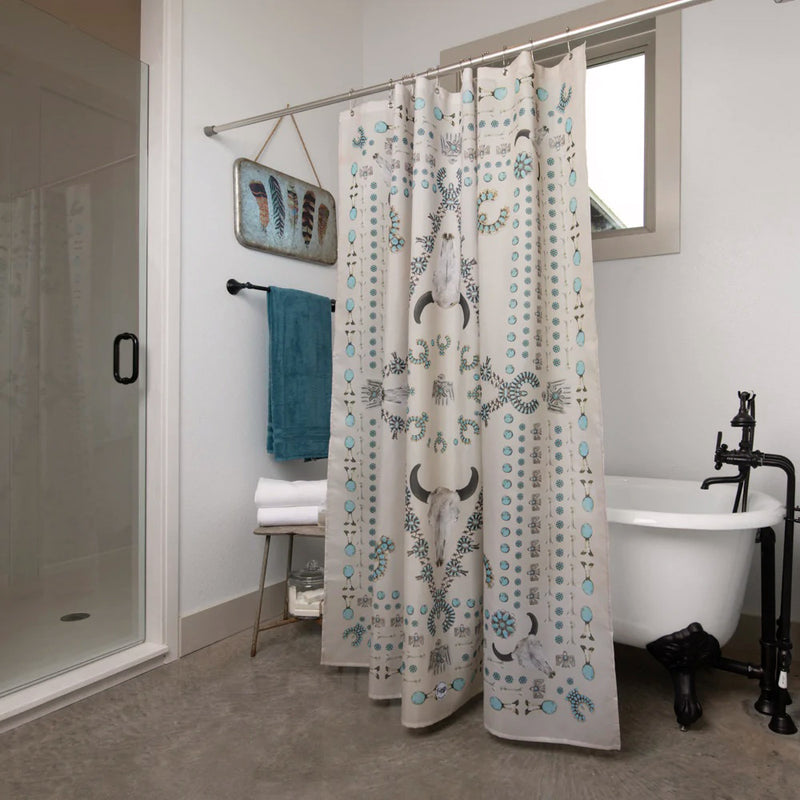 Squash Blossomed Turquoise & Cream Shower Curtain